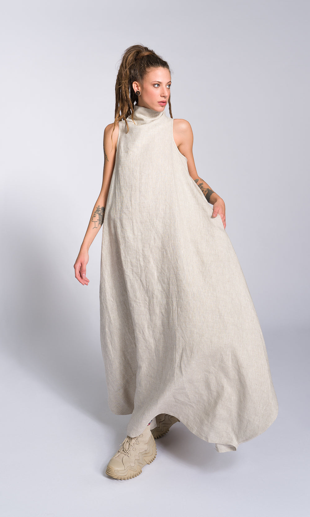Linen High Neck Cocoon Dress